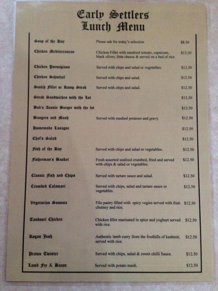 Menu at Early settlers restaurant, Ballarat Central