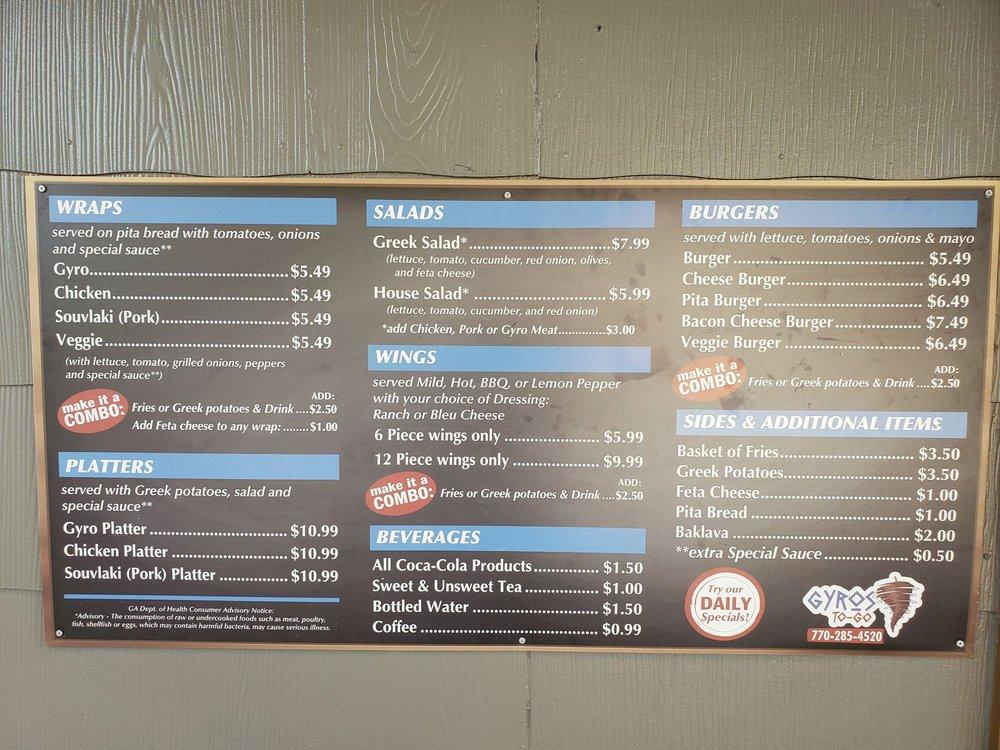 Menu at Gyros to Go restaurant, Conyers