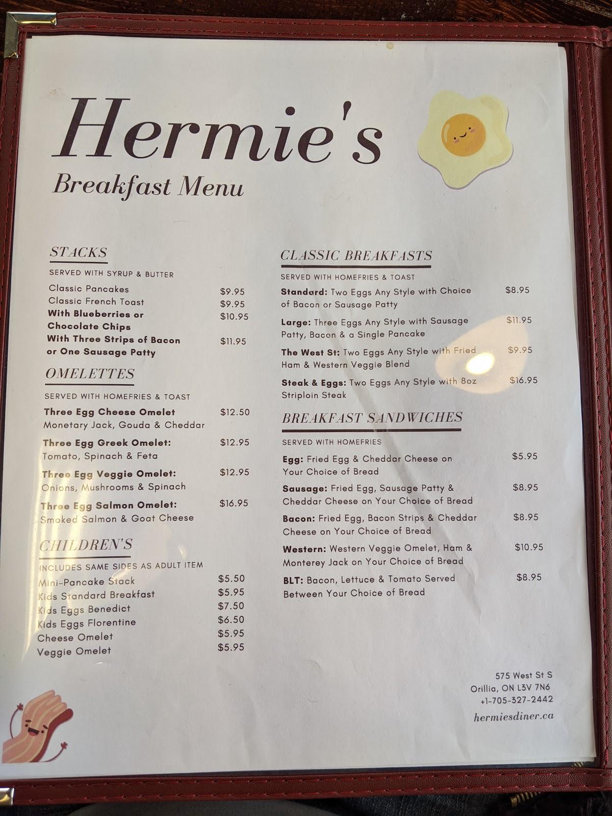 Menu at Hermie’s Diner restaurant, Orillia