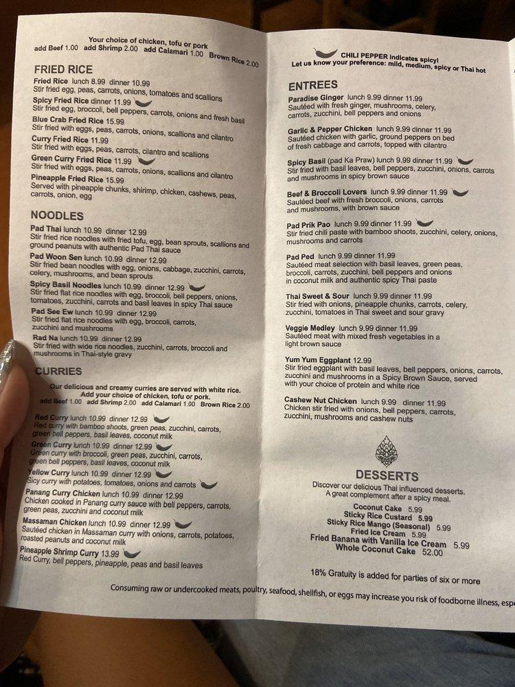 Menu at Ida Thai Cuisine restaurant, Carolina Beach