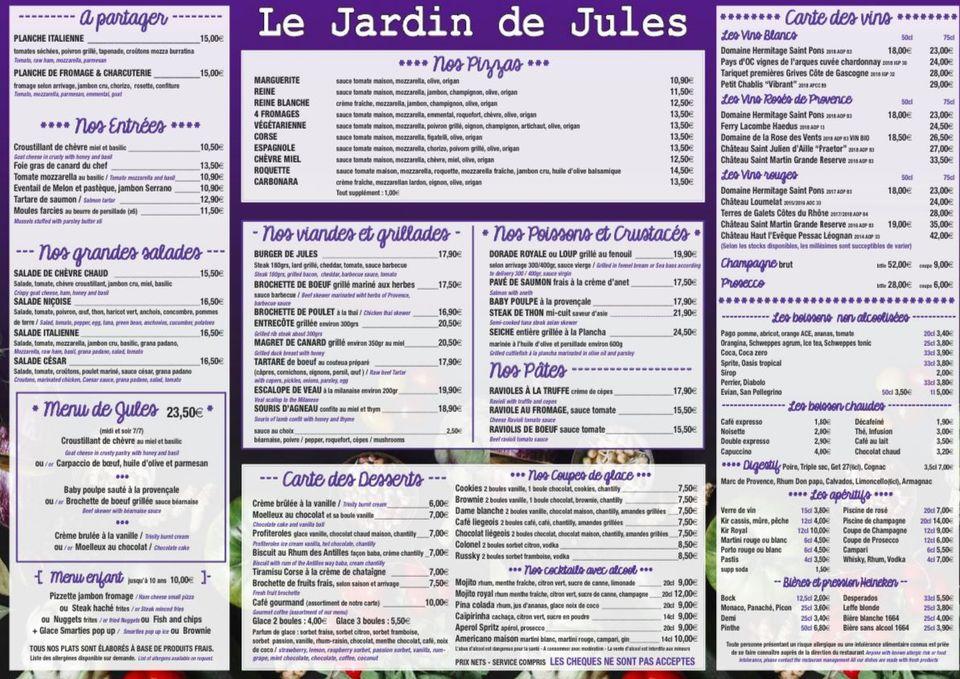 Menu au Le Jardin de Jules restaurant, Fréjus