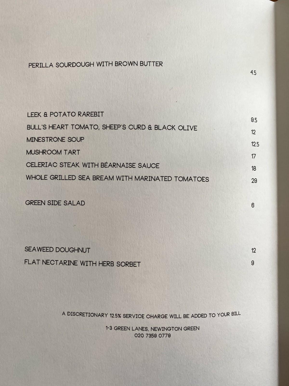 Menu at Perilla pub & bar, London, 1-3 Green Lanes