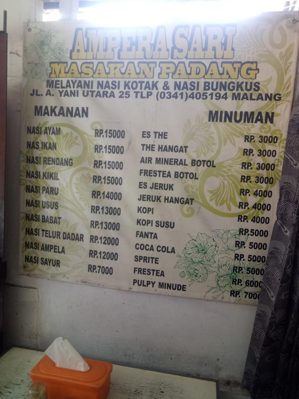 Menu at RM Padang Ampera Sari restaurant, Malang