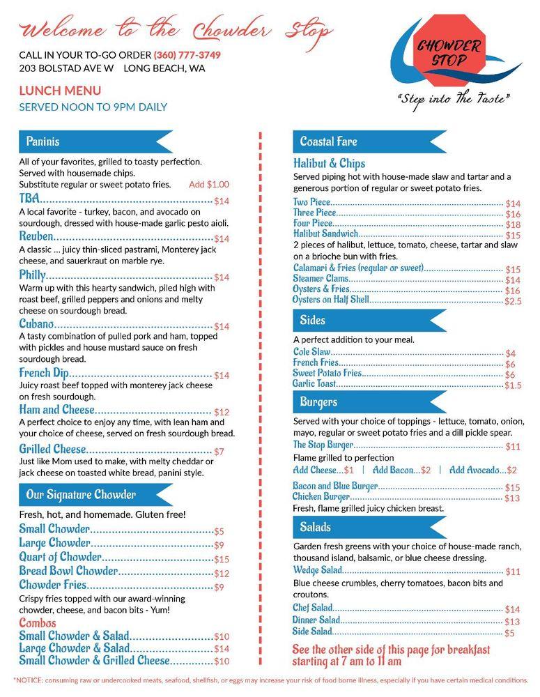 Menu at The Chowder Stop restaurant, Long Beach