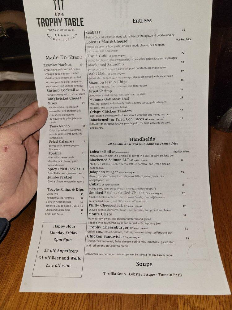Menu at The Trophy Table pub & bar, Trophy Club