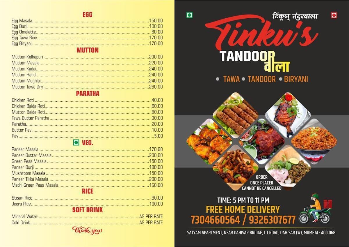 Menu at Tinku's Tandoorwala, Mumbai