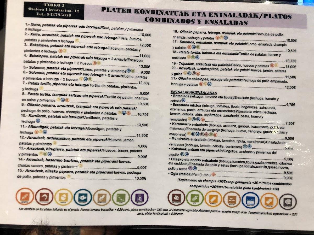Carta de Bar Txoko 2 Sl, Arrasate