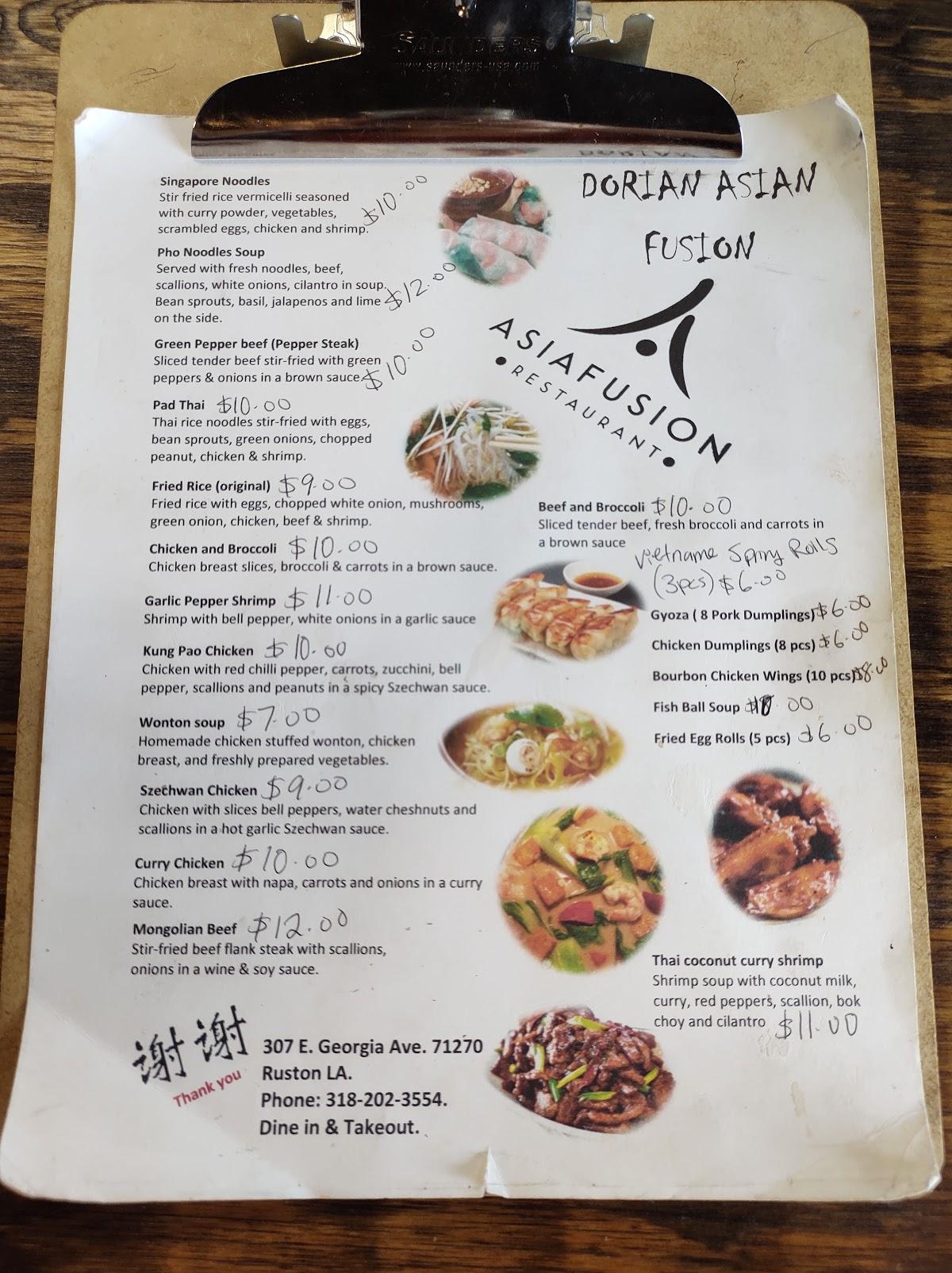Menu at Dorian Asian Fusion restaurant, Ruston