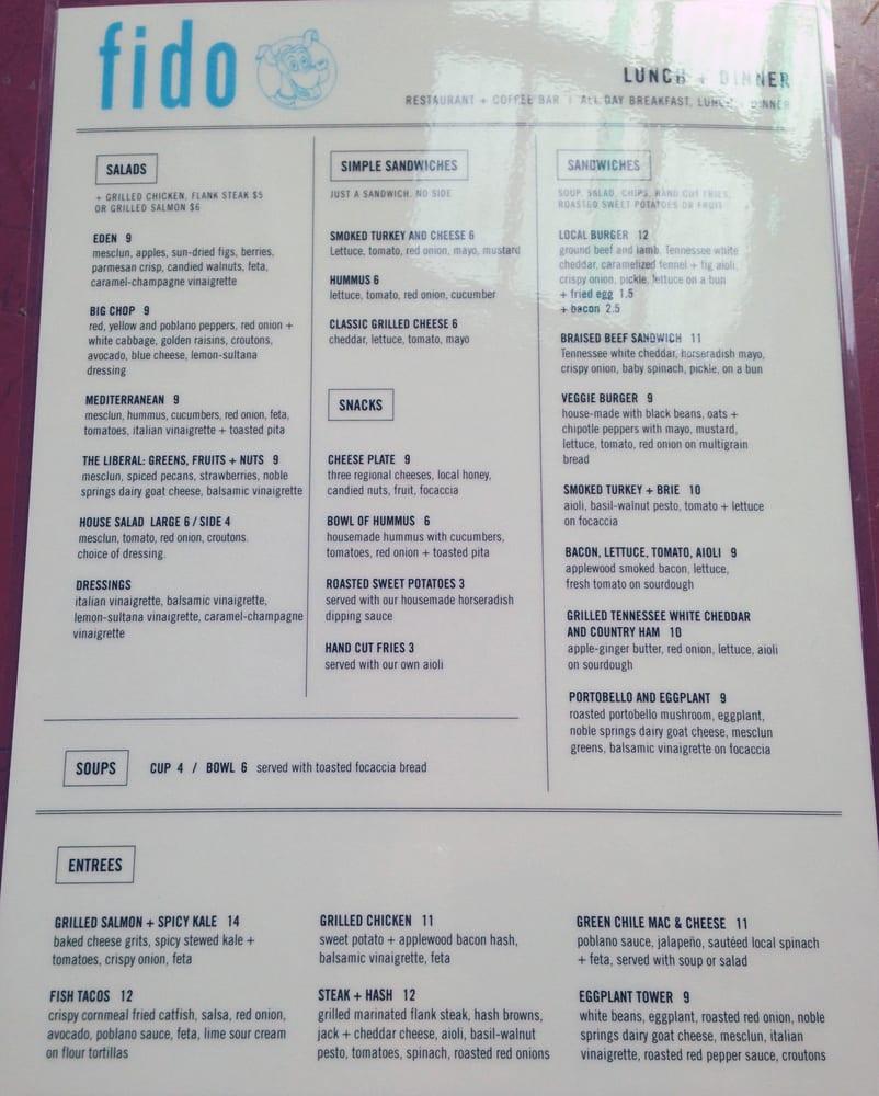 Menu at Fido cafe, Nashville