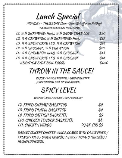 Menu at J.C. Seafood House pub & bar, Mary Esther