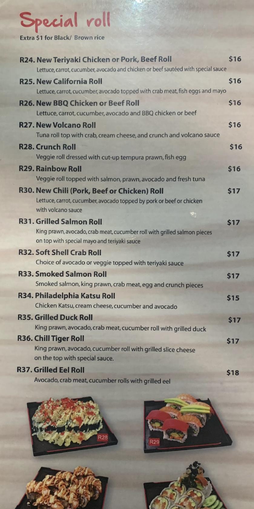 Menu at Moon's Sushi restaurant, Menai