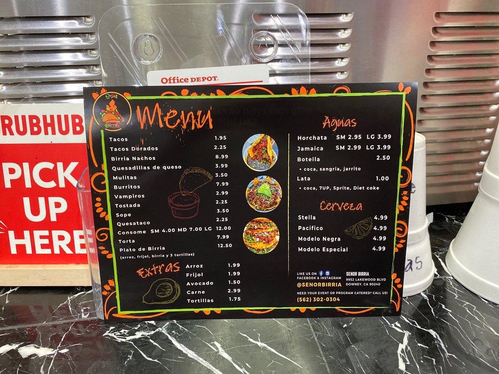 Carta del restaurante Señor Birria, Downey