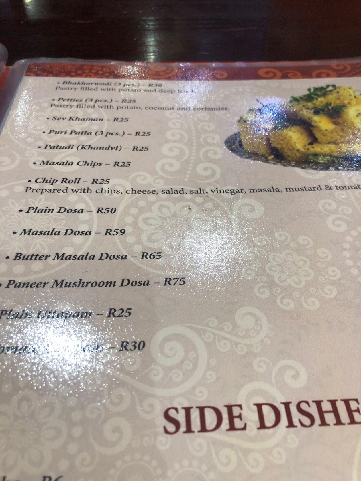 Menu at Shayona Mayfair restaurant, Johannesburg