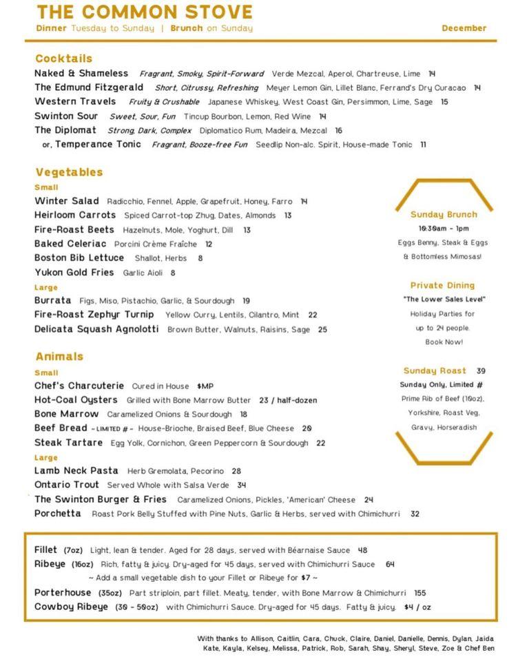 Menu at The Common Stove steakhouse, Orillia