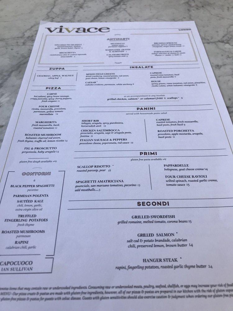 Menu at Vivace restaurant, Raleigh