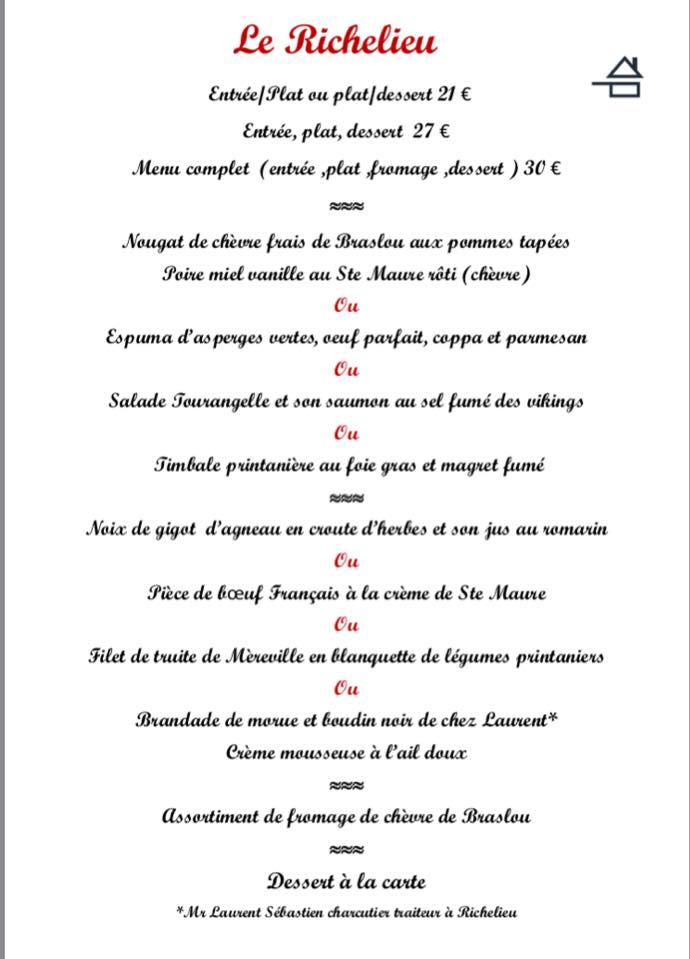 Menu au Auberge Le Cardinal Richelieu restaurant, Richelieu