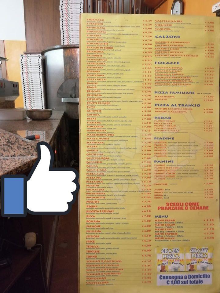 Menu at Crazy Pizza pizzeria, Monza