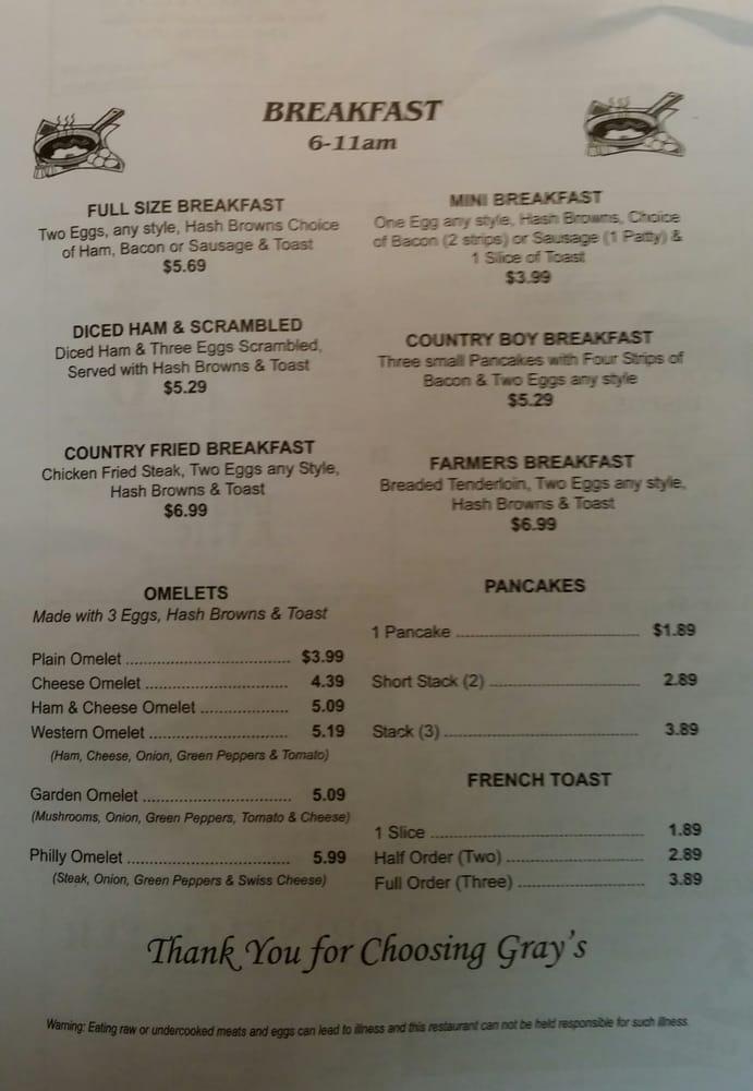 Menu at Gray's Cafe, Adrian