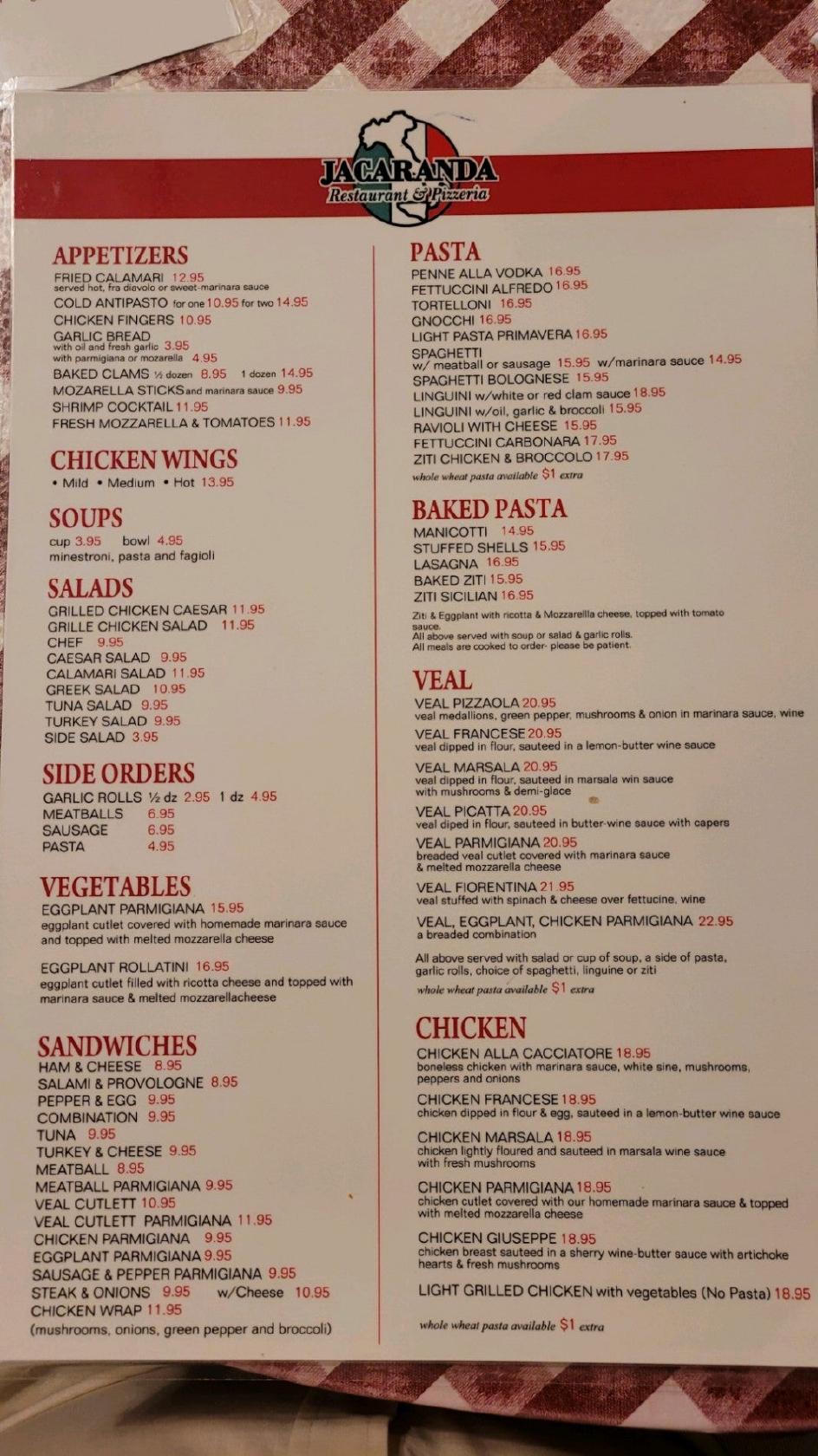 Carta de Jacaranda Restaurant & Pizzeria, Plantation