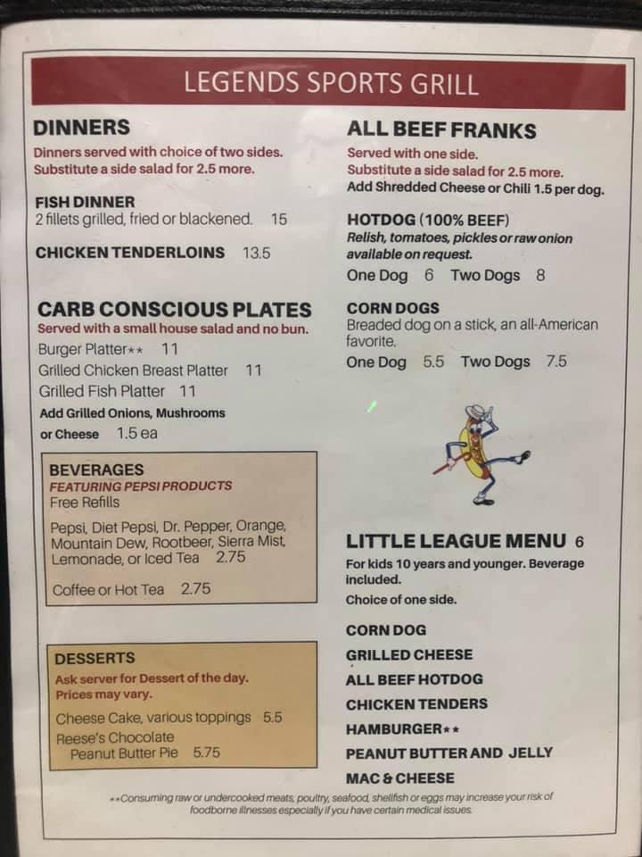 Menu at Legends Sports Bar And Grill, Maggie Valley