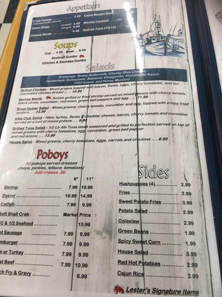 Menu at Lester's Seafood restaurant, Pearl River