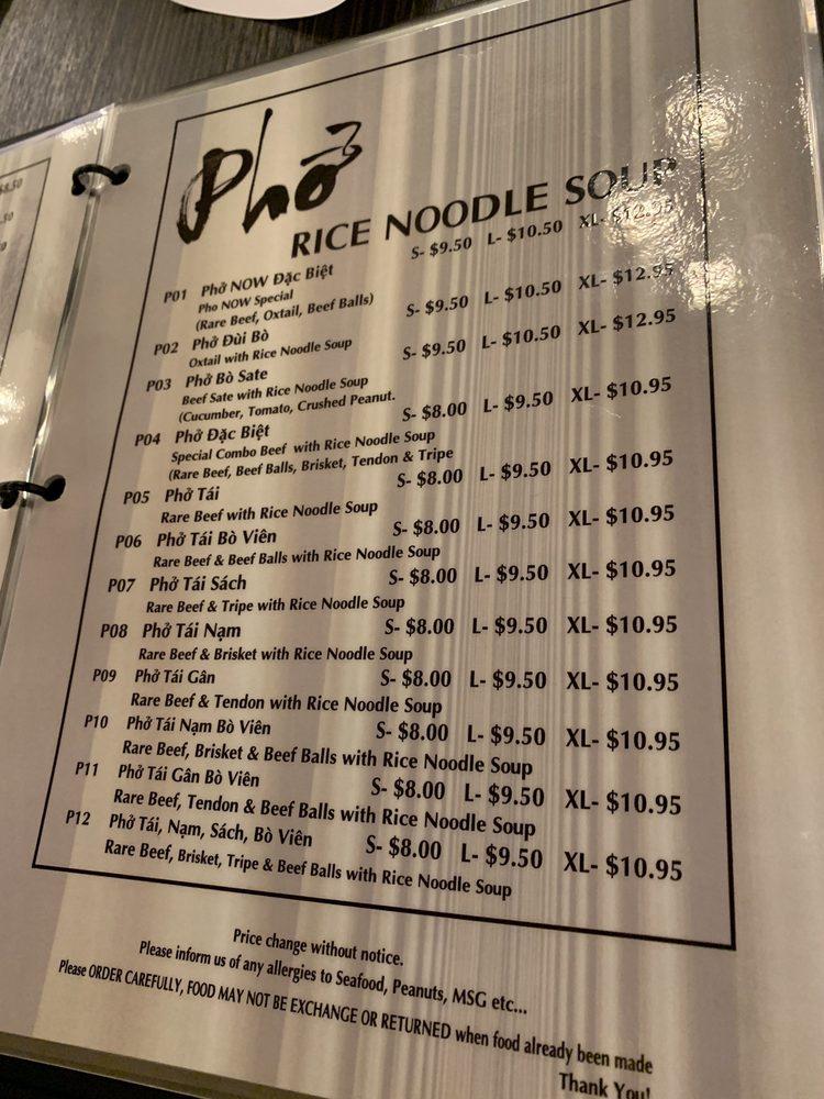Menu at Pho Now restaurant, Toronto