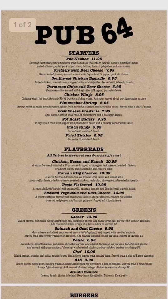 Menu at Pub 64, Sycamore