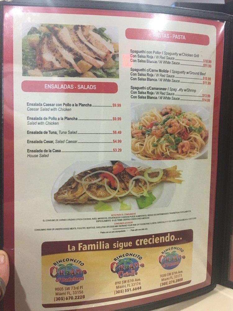 Menu at Rinconcito Cubano Criollo restaurant, Miami, 890 SW 87th Ave