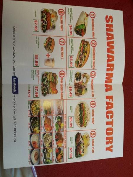 Carta del restaurante Shawarma Factory, Glendale