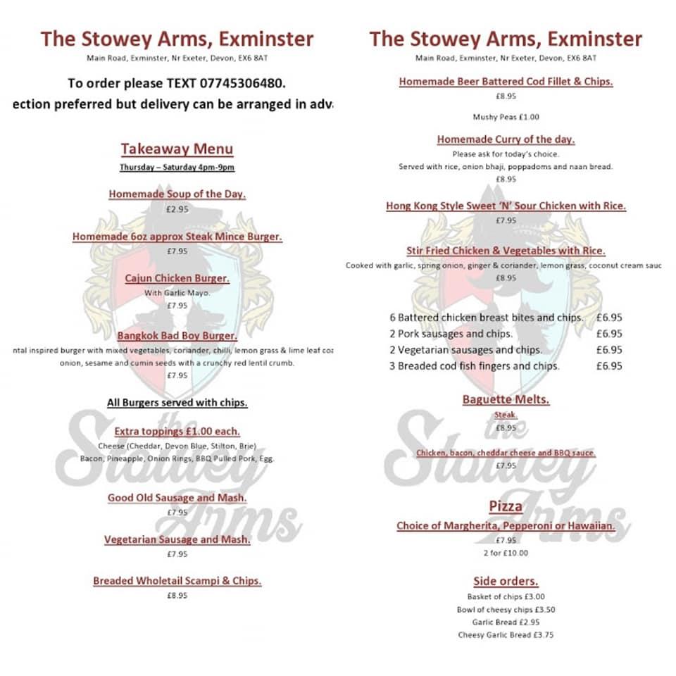 Carta del pub y bar Stowey Arms, Exminster