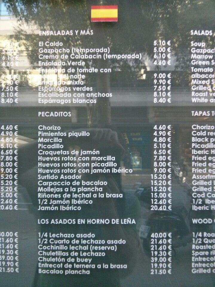 Menu at Asador de Aranda steakhouse, Barcelona, Carrer de Pau Claris