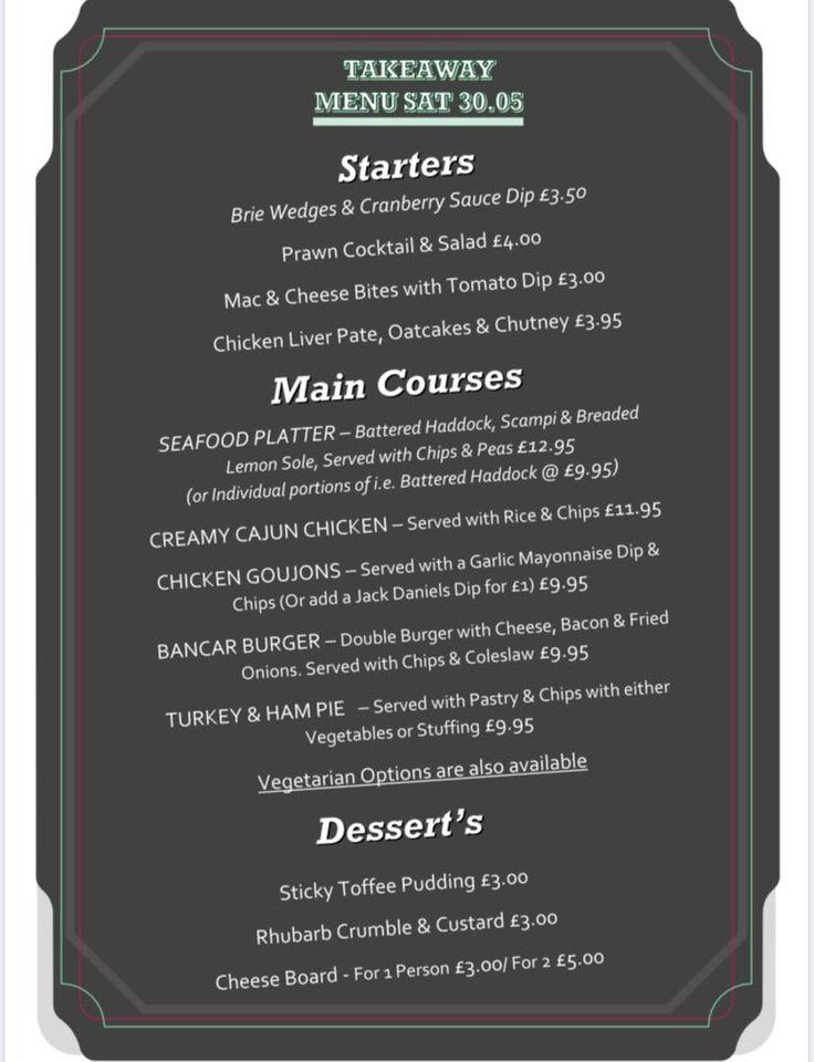 Menu at Ban-Car Hotel restaurant, England