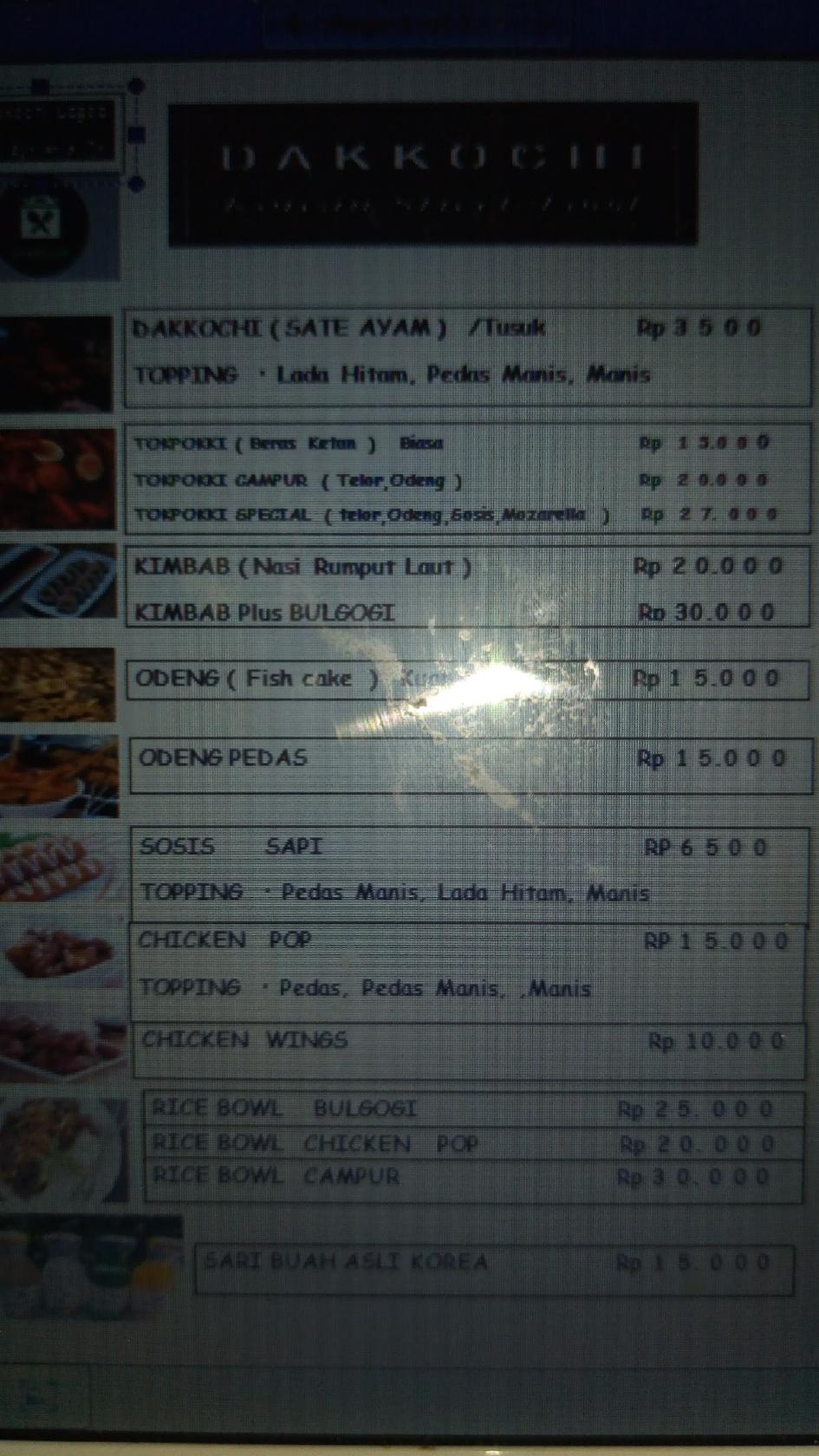 Menu at DAKKOCHI korean street food restaurant, North Jakarta