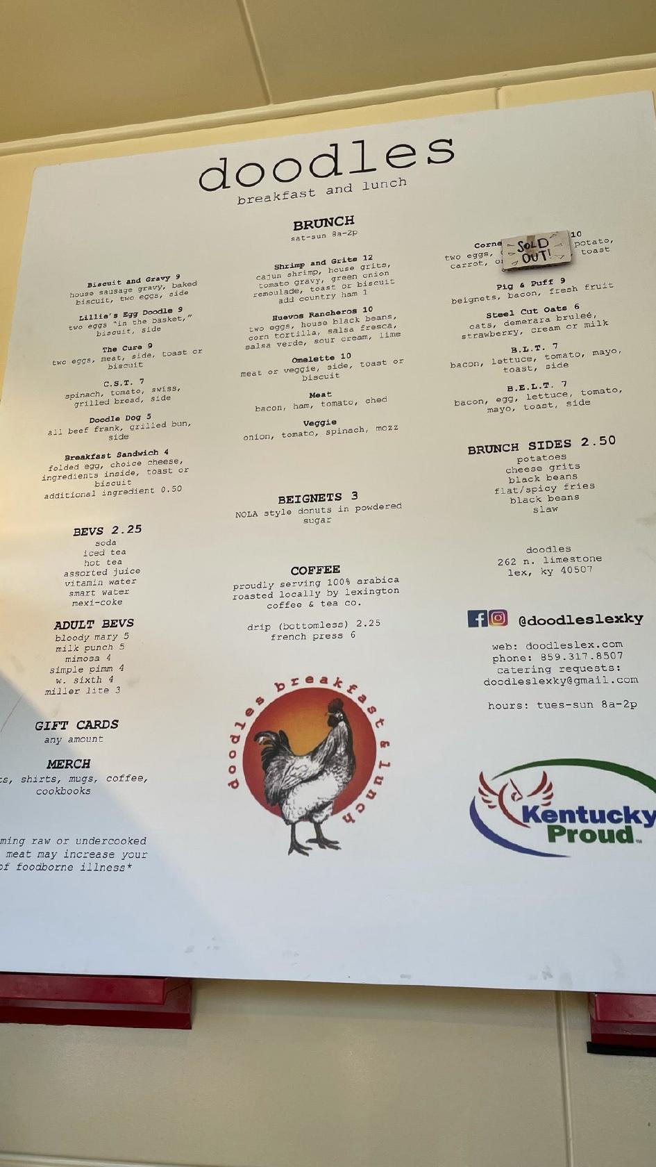 Menu at doodles breakfast and lunch restaurant, Lexington
