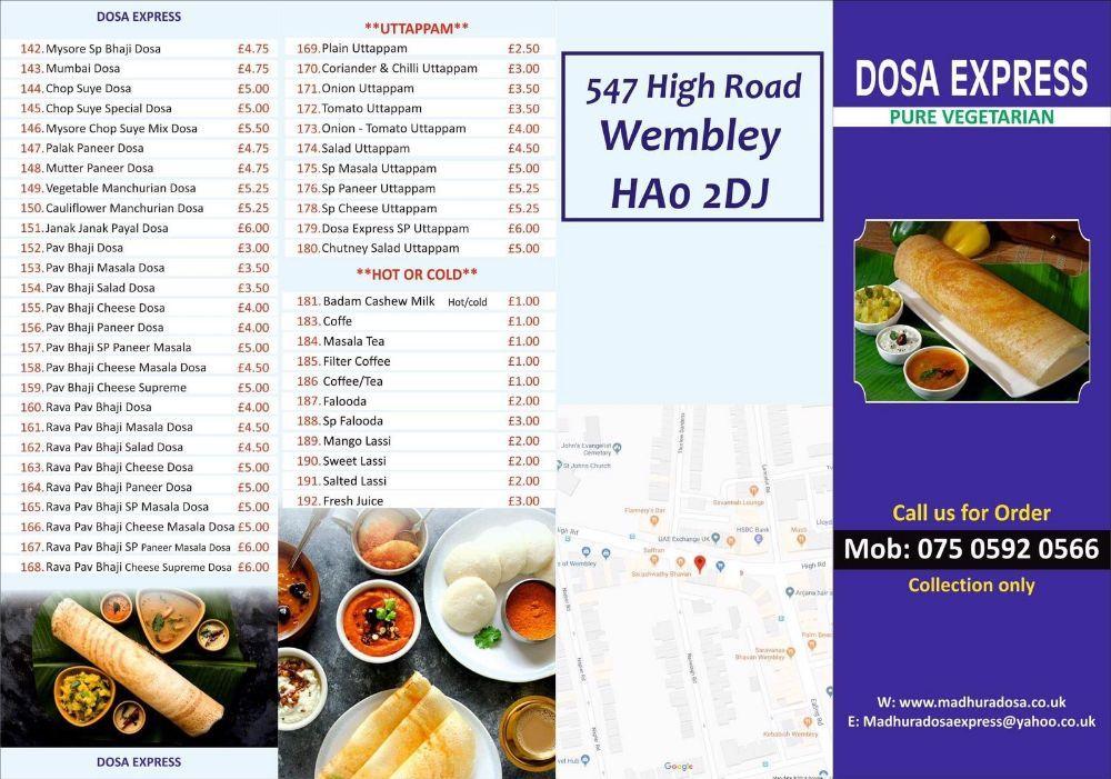 Menu at Dosa Express restaurant, Wembley