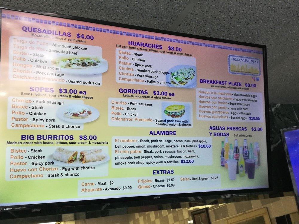 Menu at El Rumbero Taqueria restaurant, Carrollton, Marsh Ln Ste 114