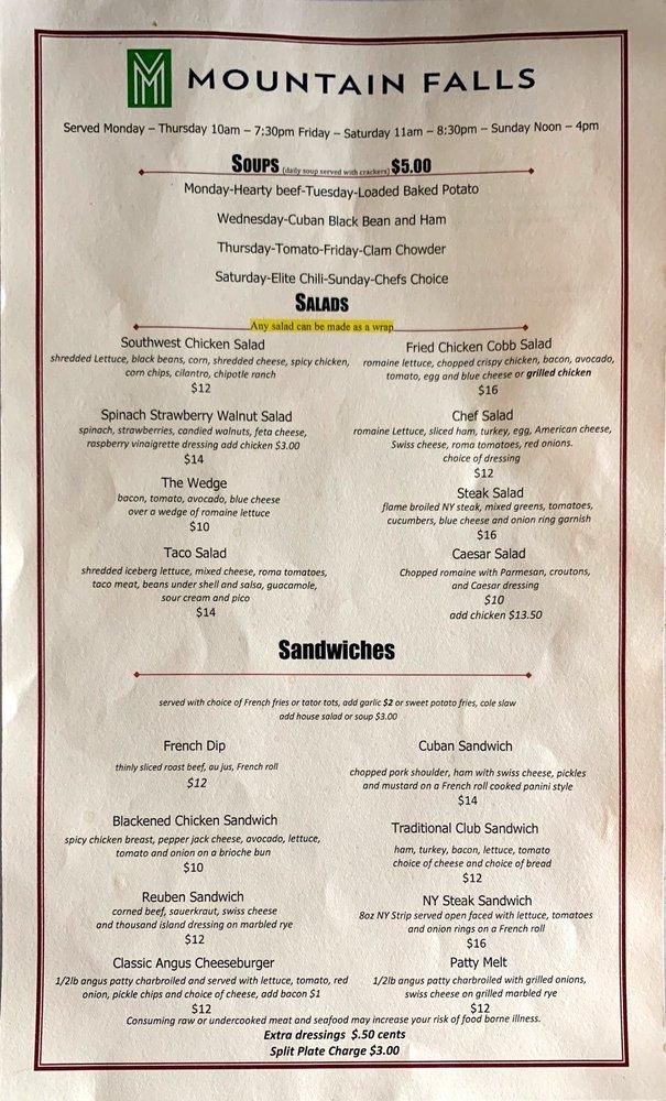 Menu at Mountain Falls Grill Room pub & bar, Pahrump