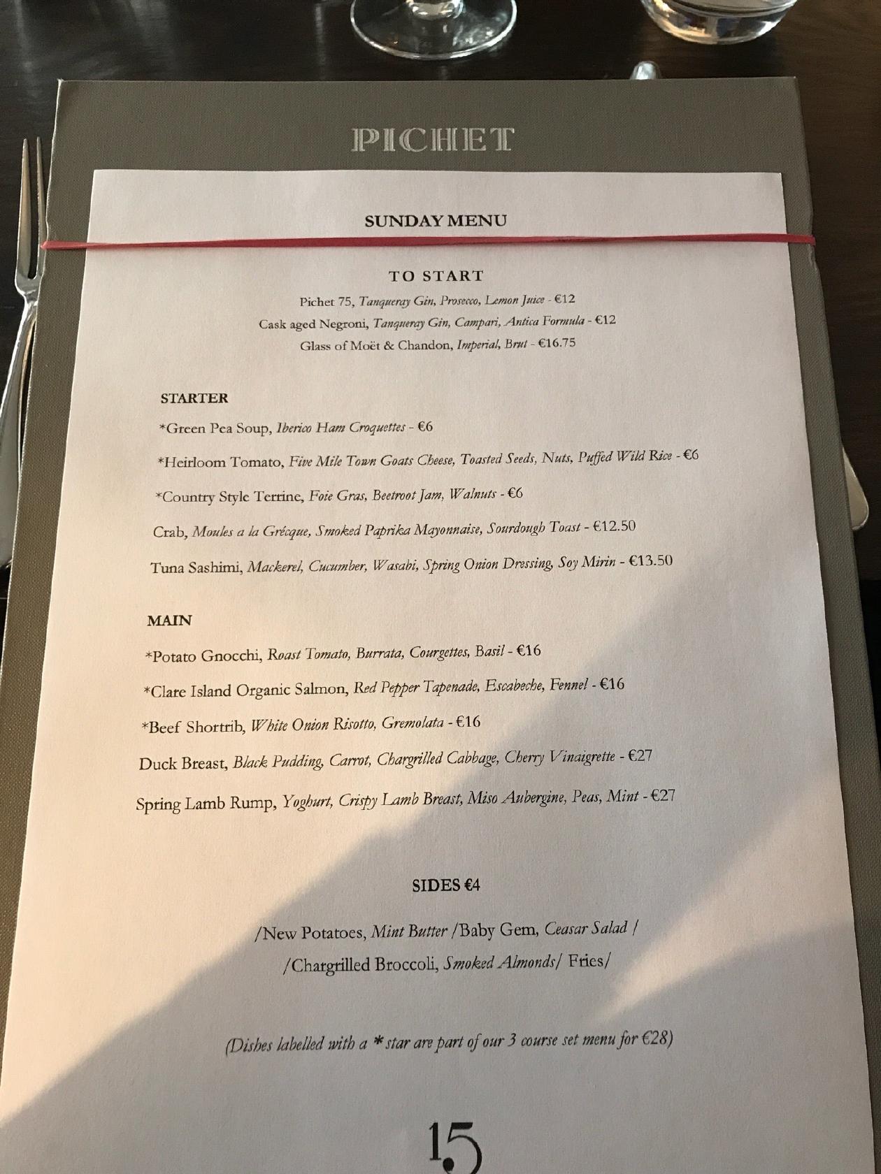 Menu at Pichet restaurant, Dublin