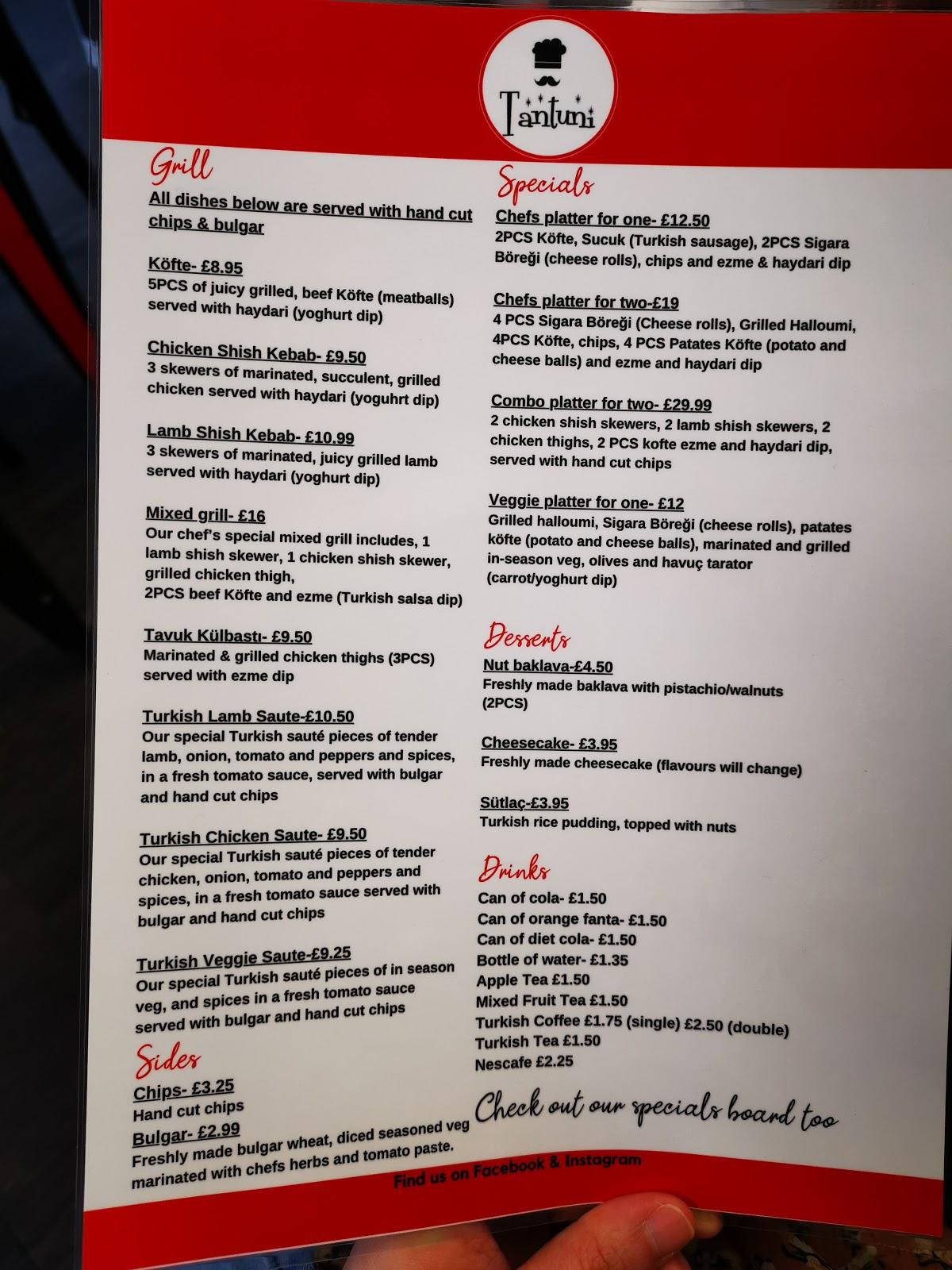 Menu at Tantuni cafe, Plymouth