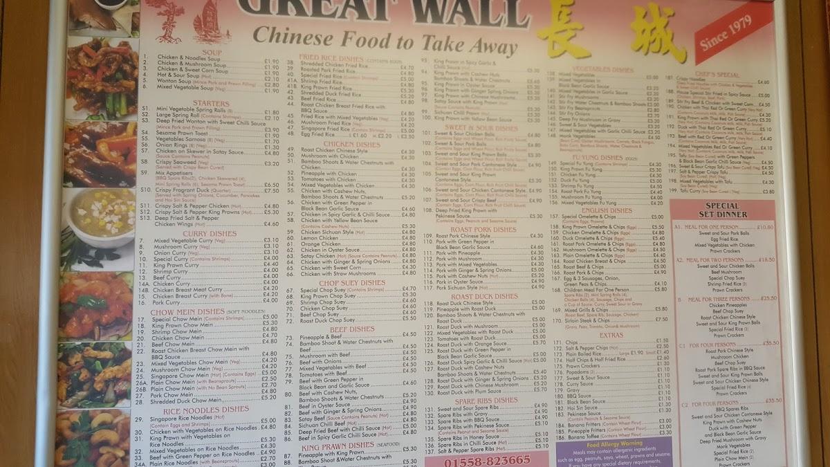Menu at The Great Wall fast food, Llandeilo