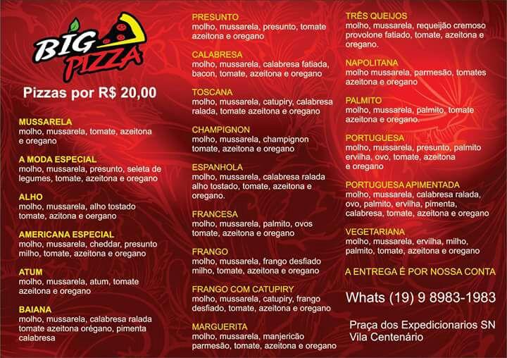 Menu at Big Pizza restaurant, Espírito Santo do Pinhal