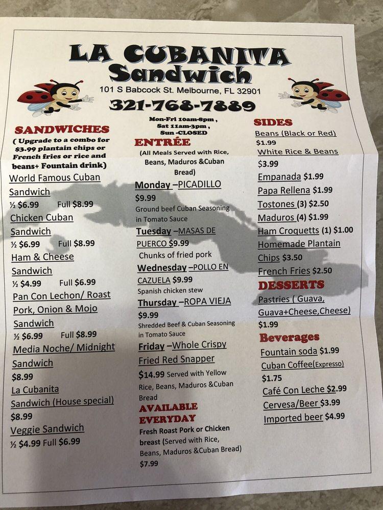 Menu at La Cubanita Sandwich (formerly Cuban Sandwich) restaurant ...