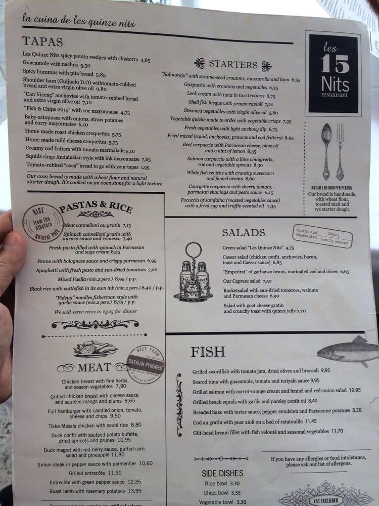 Menu at Les Quinze Nits restaurant, Barcelona