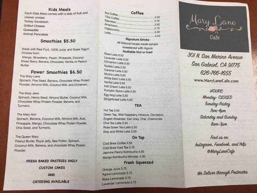 Menu at Mary Lane Cafe, San Gabriel