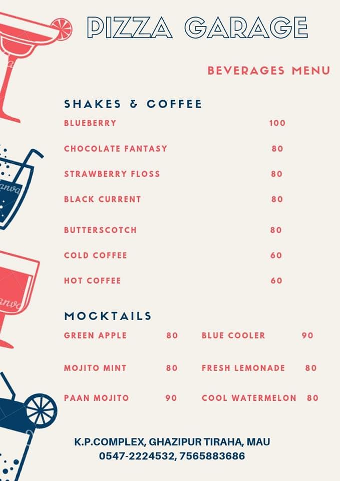 Menu at Pizza Garage, Mau
