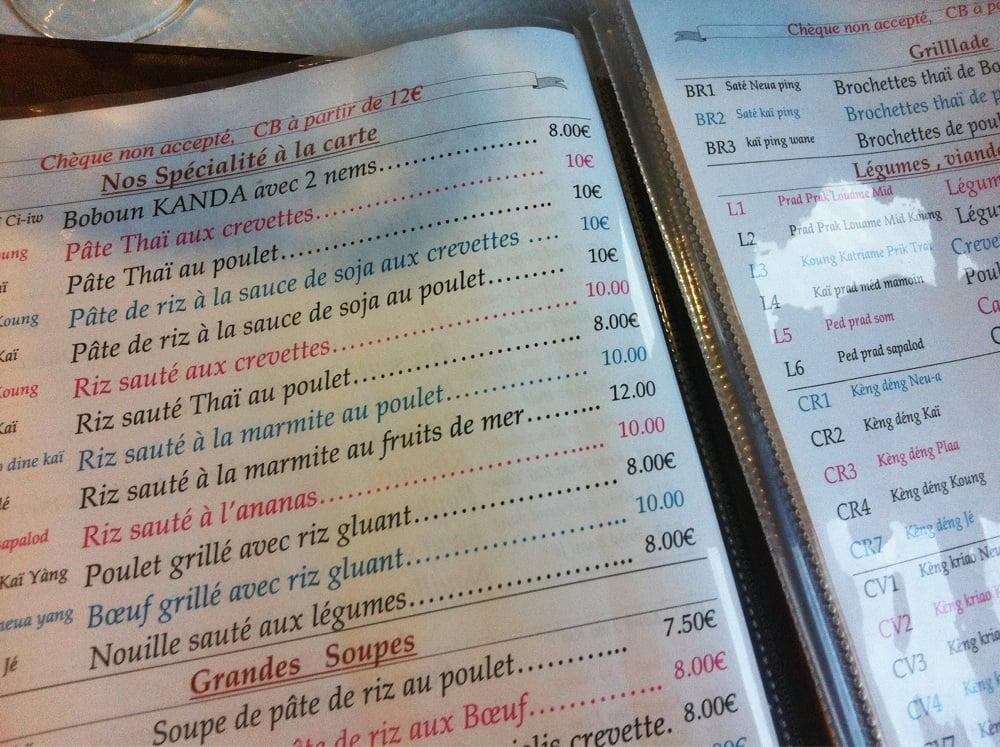 Menu at Thaï Kanda restaurant, Paris, 10 Rue de Picpus
