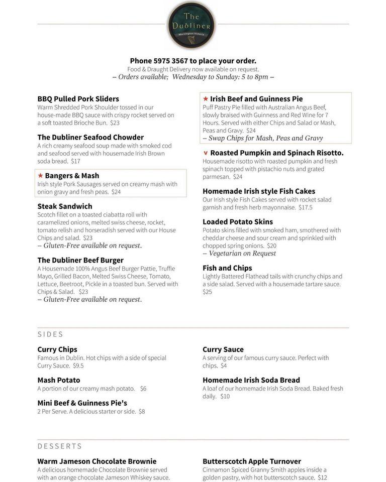 Menu at The Dubliner in Mornington pub & bar, Mornington