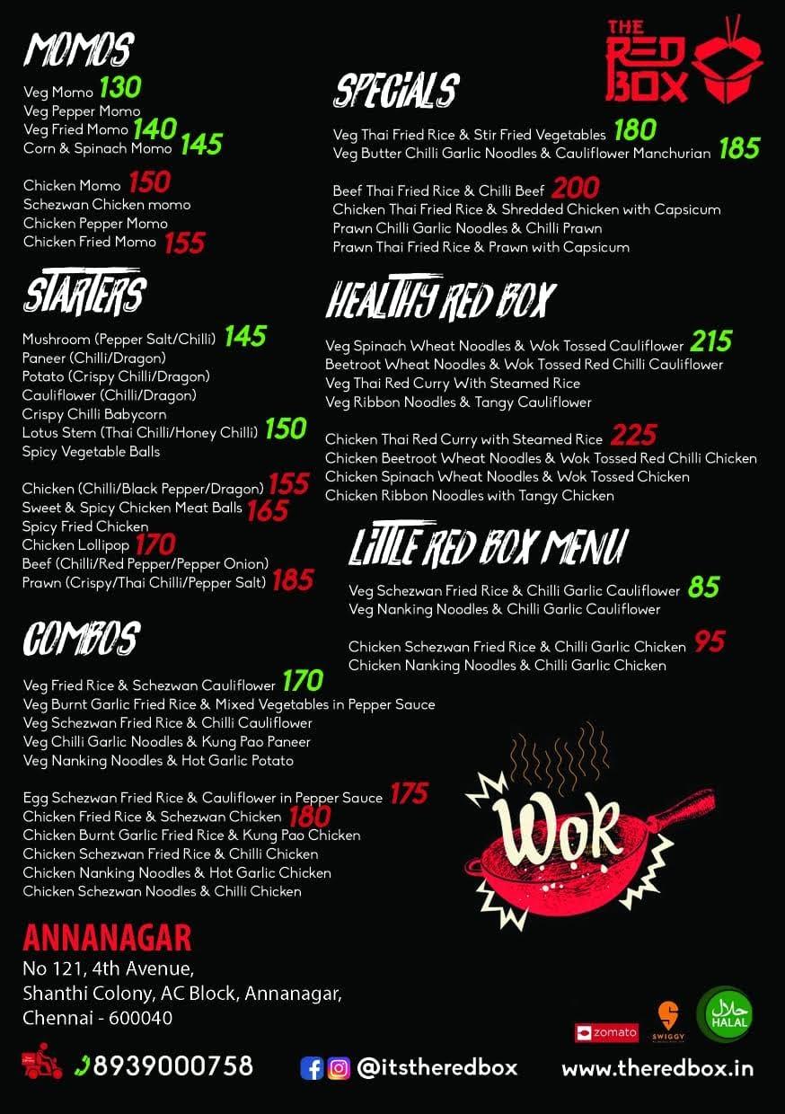 Menu at The red box, Chennai, 4/2
