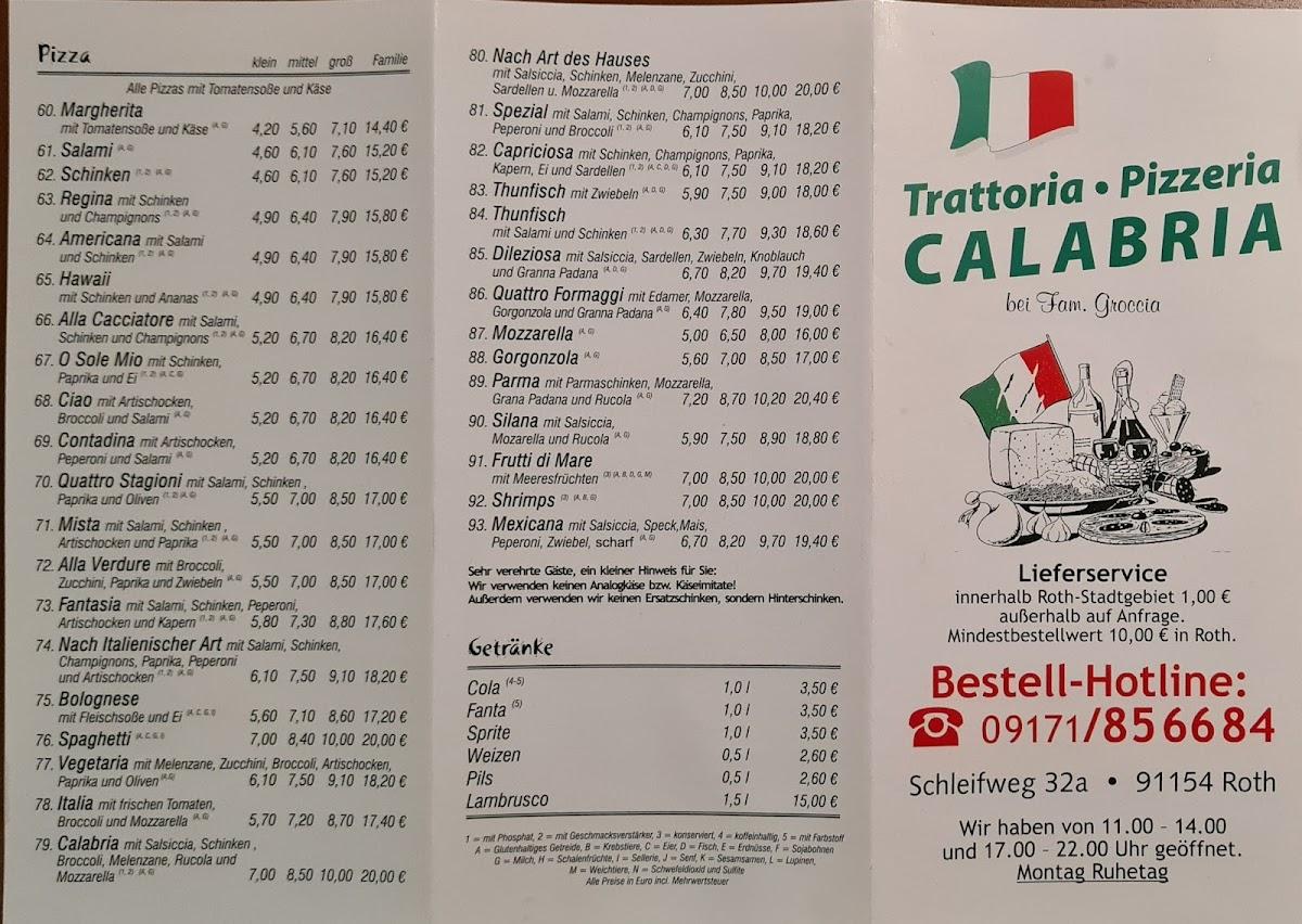 Menu at Trattoria Pizzeria Calabria, Roth