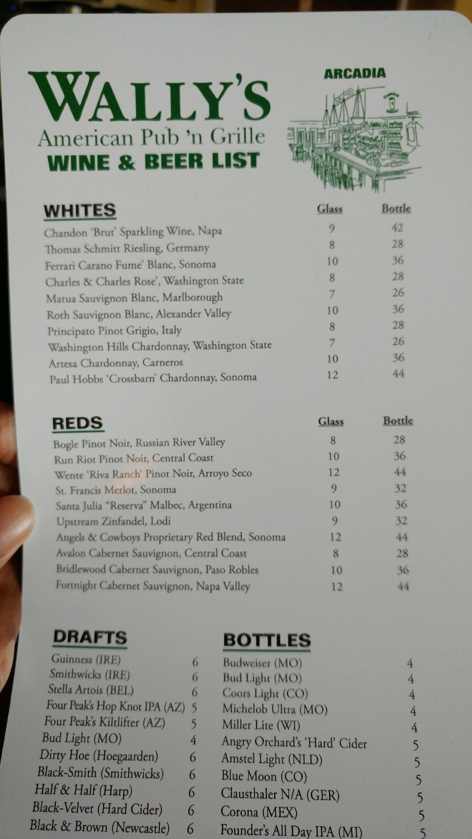 Menu at Wally's American Pub N Grill, Phoenix
